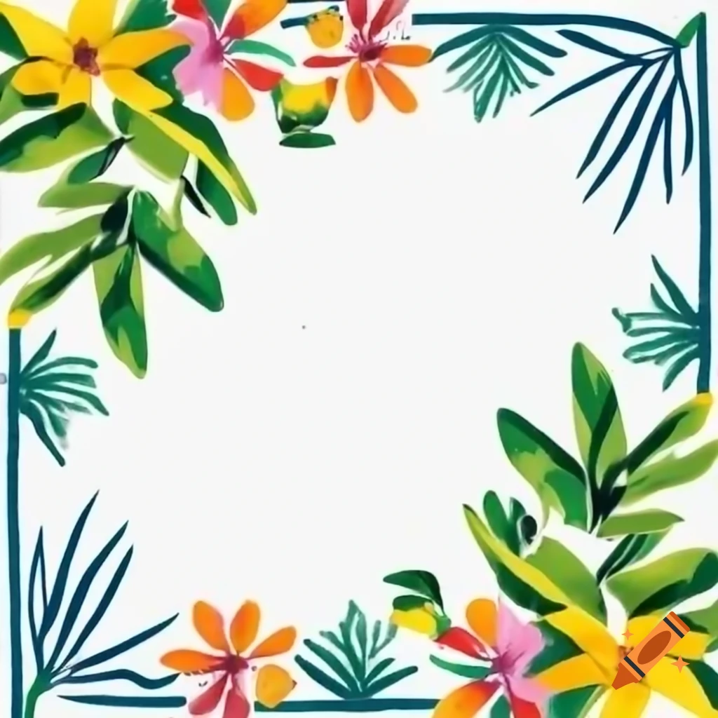 Colorful Jamaican flowers and tropical leaves in border design on Craiyon