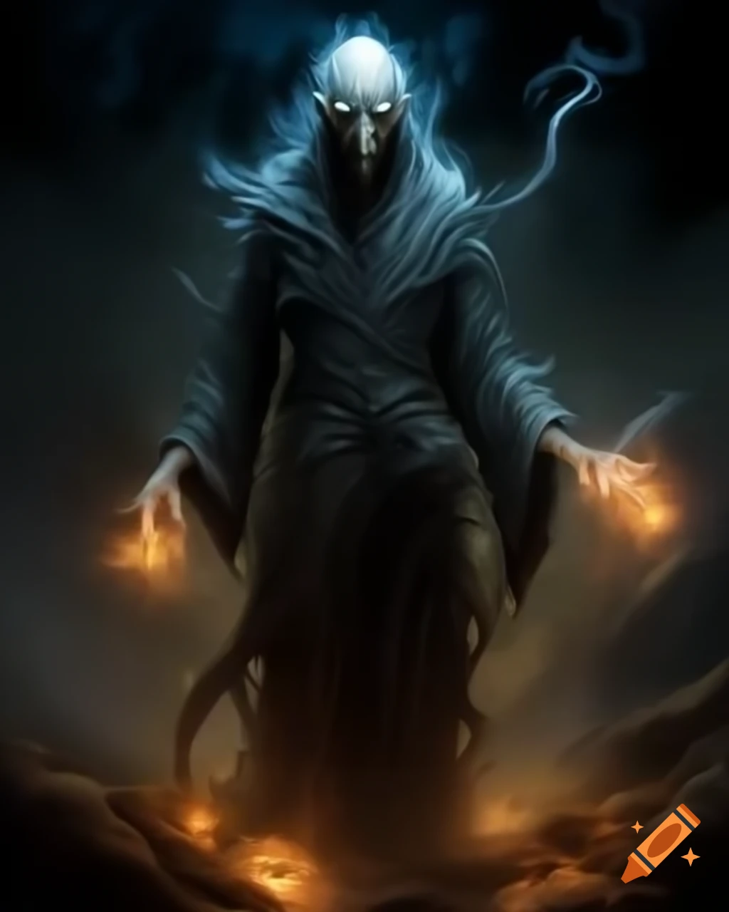 Spectral entity with fireworks in an ethereal dark fantasy landscape on ...