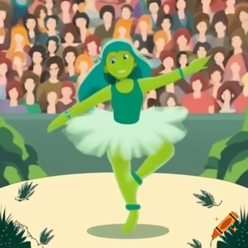 Green-skinned goblin girl in ballet tutu dancing barefoot in front of ...