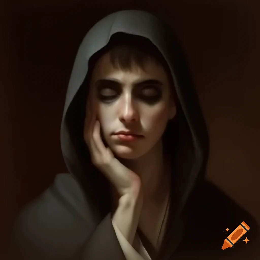 Young man in mourning cloak with somber expression on Craiyon