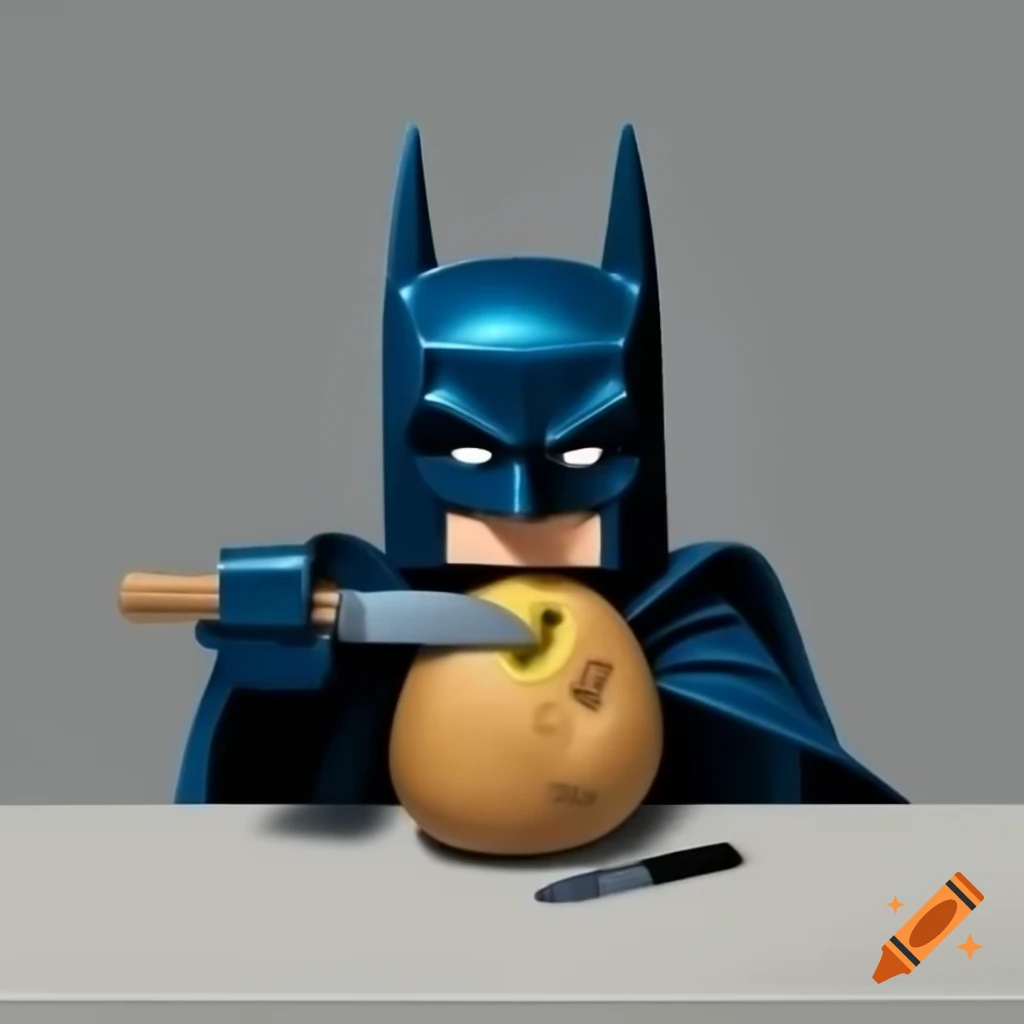 Lego batman character eating large lego potato with knife and fork on ...