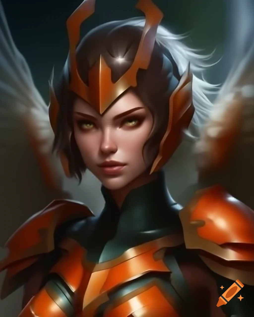Female fallen angel superhero in orange and silver armor and helmet on ...