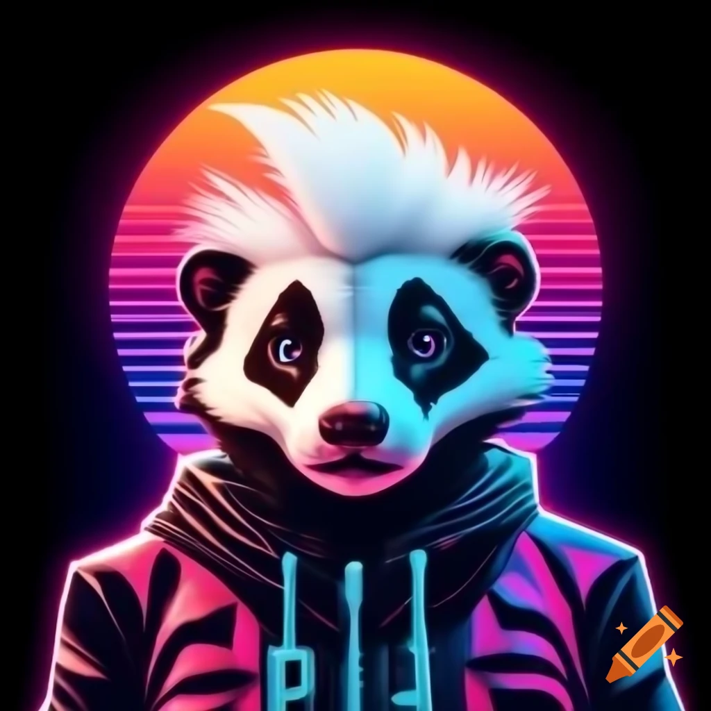 Close up of anthro skunk with mohawk in cyberpunk jacket against ...