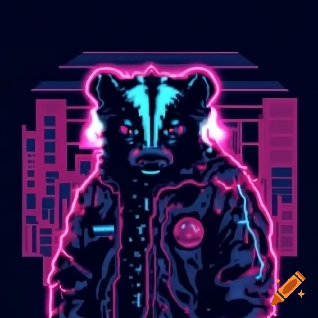 Close up pixel art of skunk in high-tech jacket in neon dystopian city ...