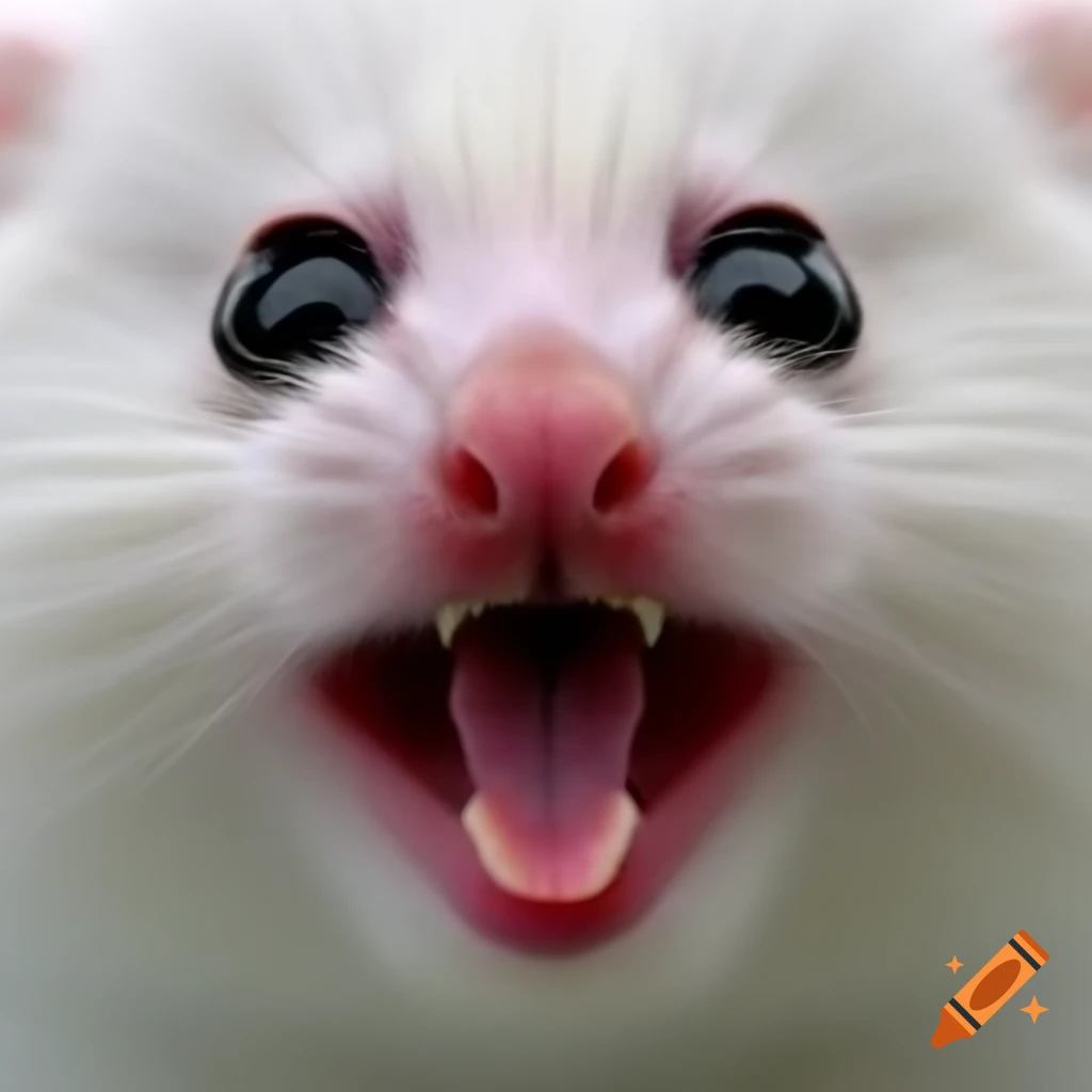Fluffy white creature with small black eyes and pink smiling mouth on ...
