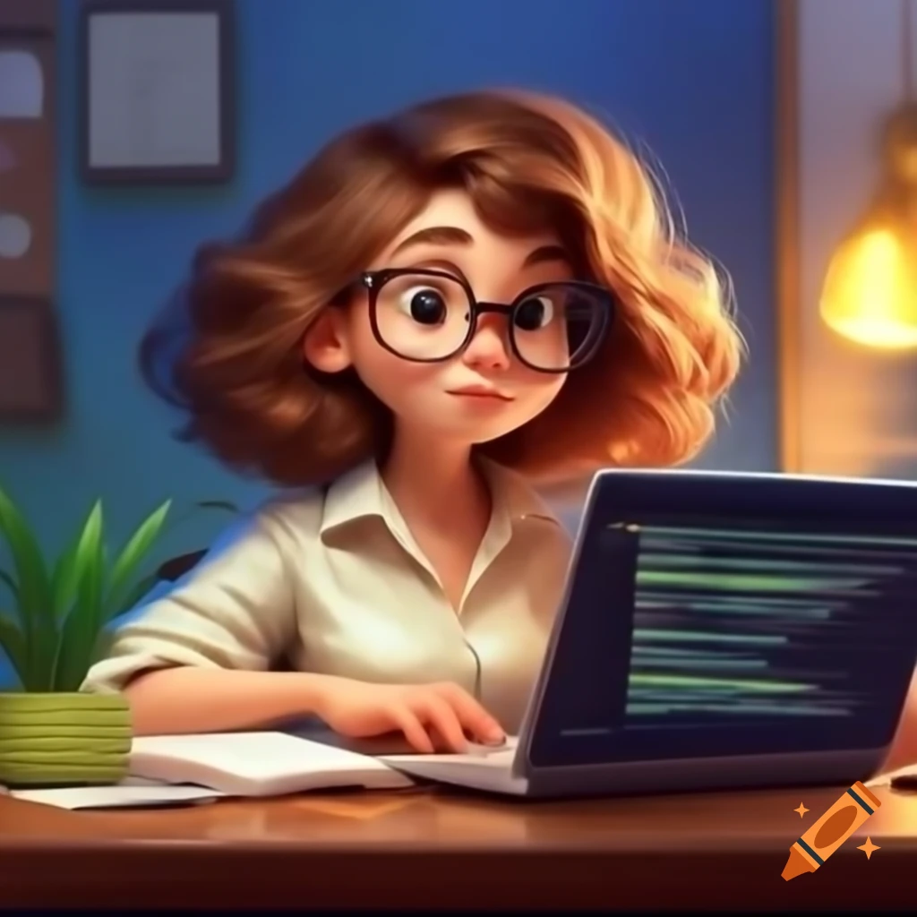 Young woman with brown hair coding in Python notebook on Craiyon