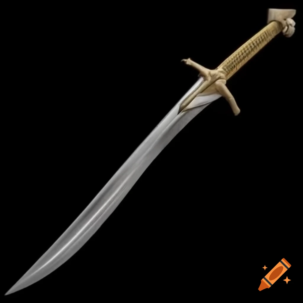 Decorative sword with curved blade and dragon-head hilt in gold and ...