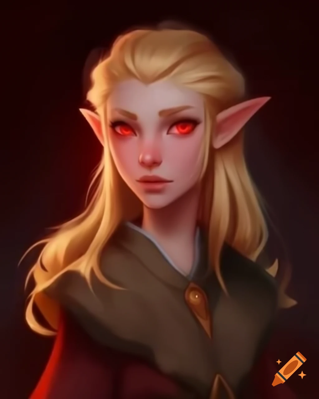 Elf girl with red eyes and blonde ponytail wearing cleric attire on Craiyon