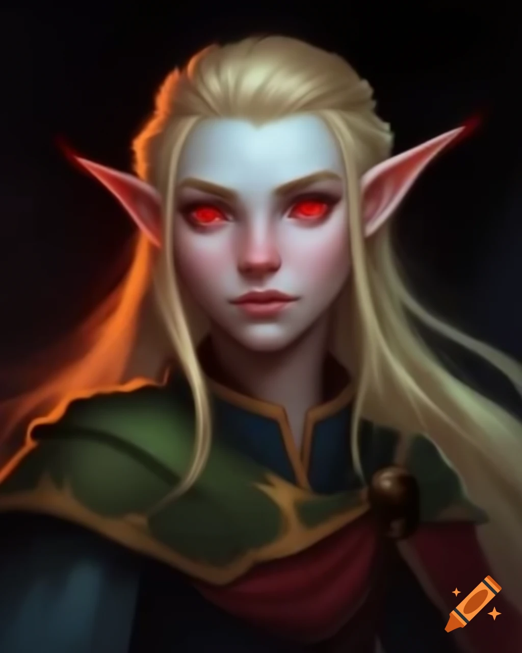 Elf girl with red eyes and blonde ponytail in cleric attire on Craiyon