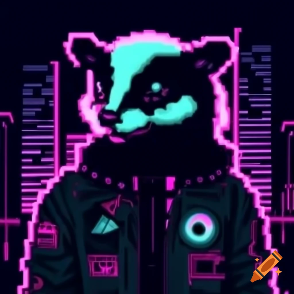 Close up pixel art of skunk in high-tech jacket in neon dystopian city ...
