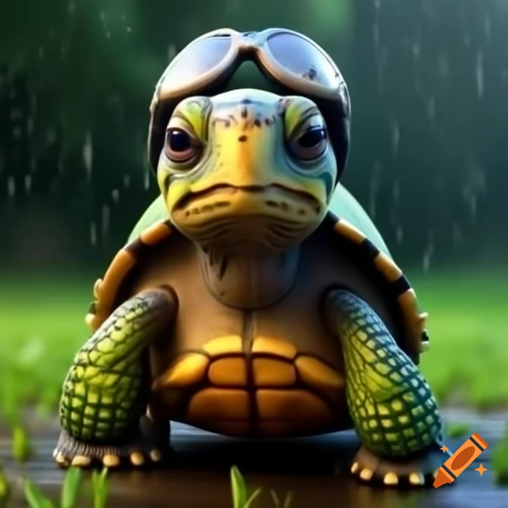Turtle wearing biker helmet standing by wet lawn on Craiyon