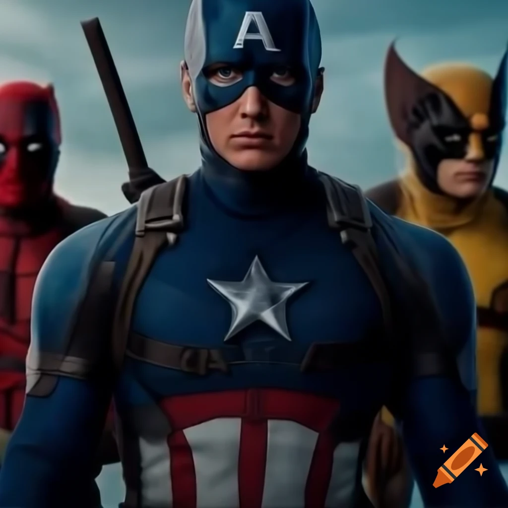 Captain America, Deadpool, and Wolverine together in battle on Craiyon