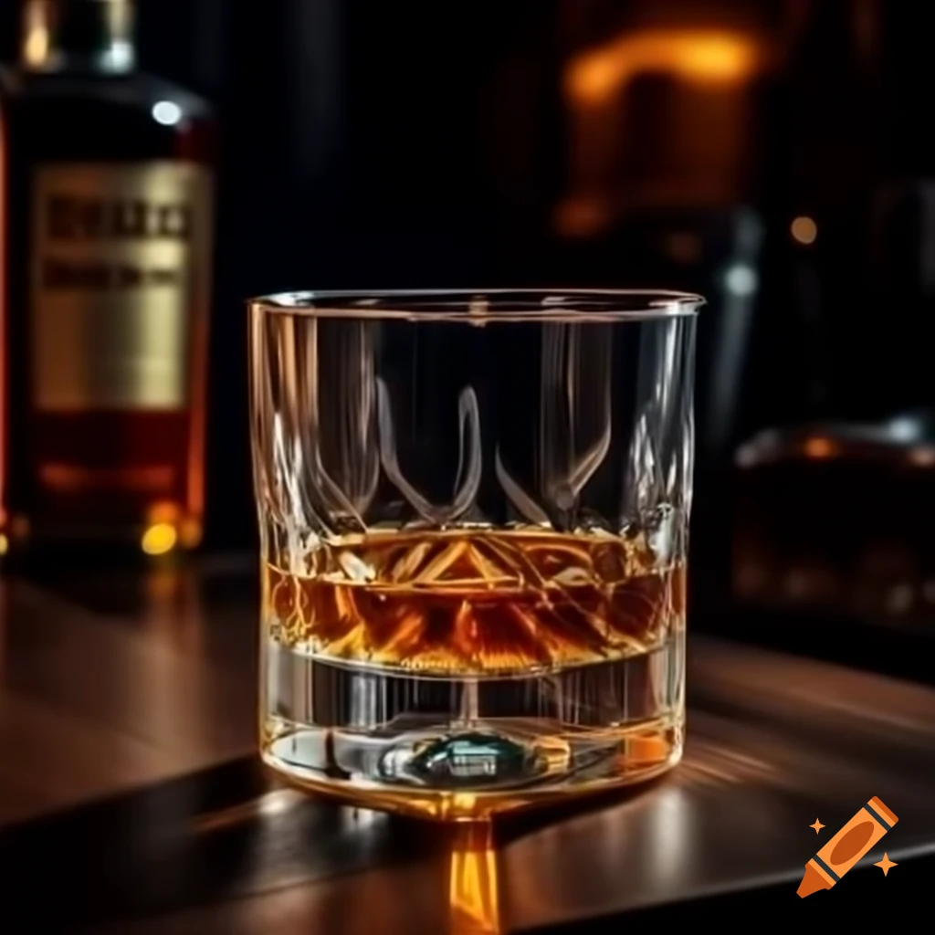 Cup half full of whisky on table in dimly lit room with warm colors on Craiyon
