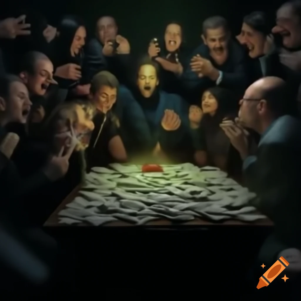 Shadowy group worshipping wall street leader with stacks of bills ...