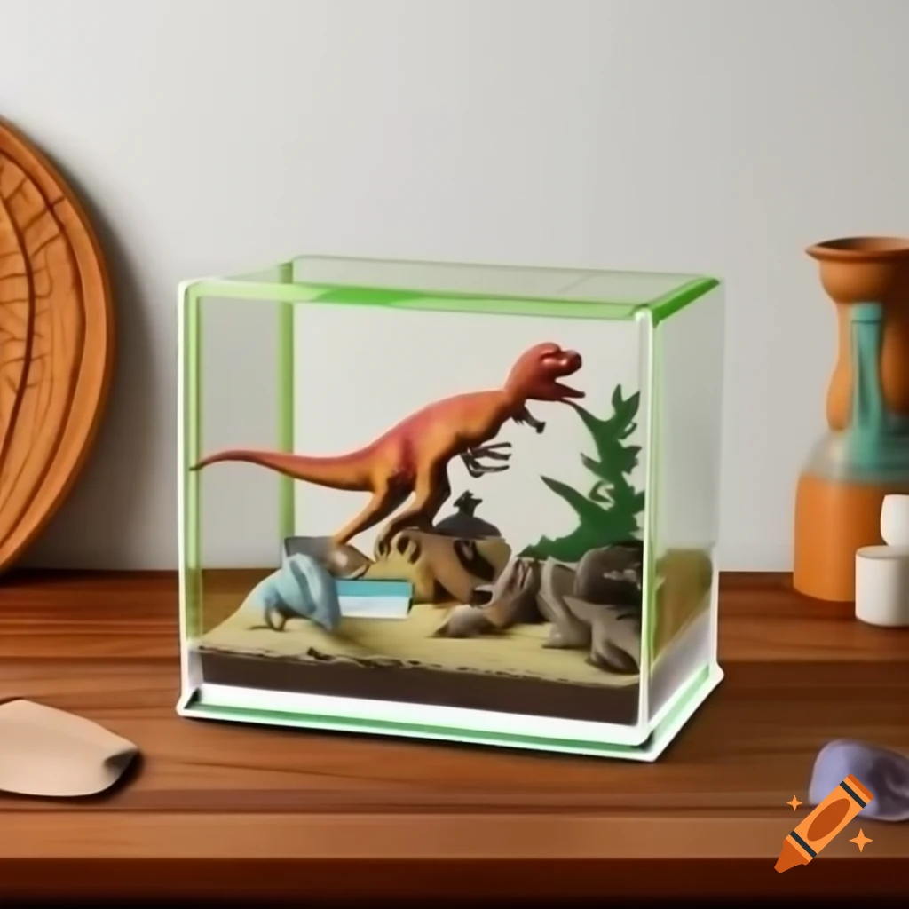 Photorealistic sneaker shoebox diorama with dinosaur figures on wooden ...