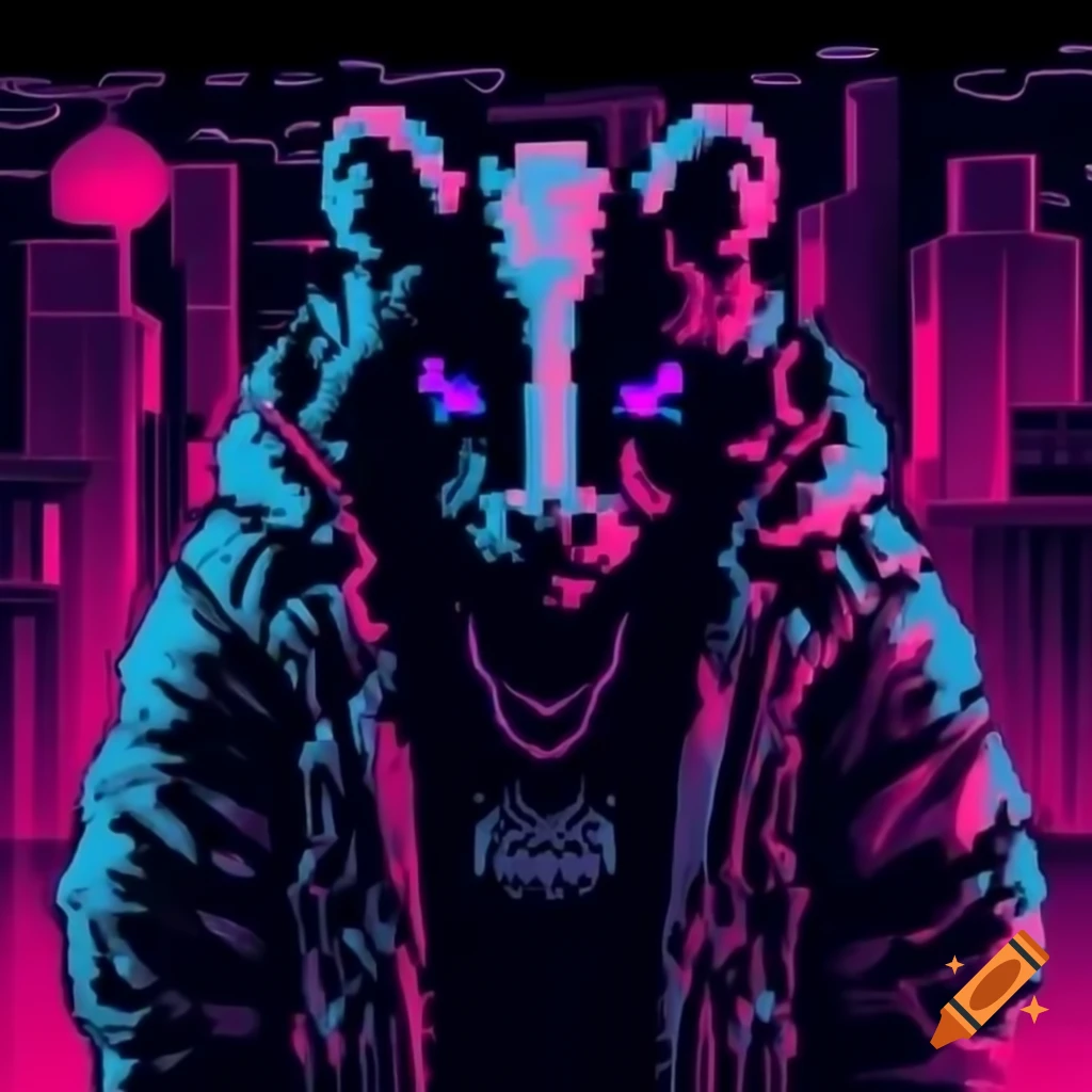 Close up pixel art of skunk in high-tech jacket in neon dystopian city ...