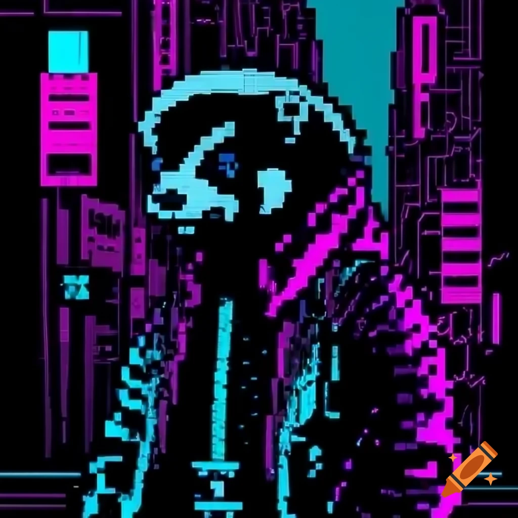Close up pixel art of skunk in high-tech jacket in neon dystopian city ...