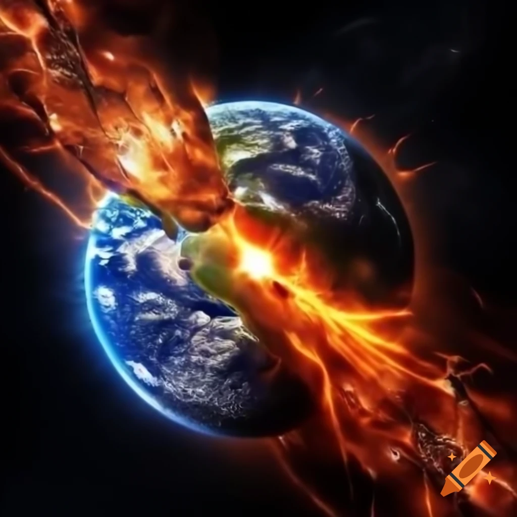 Earth splitting with magma bursting, hand hovering above, epic space ...