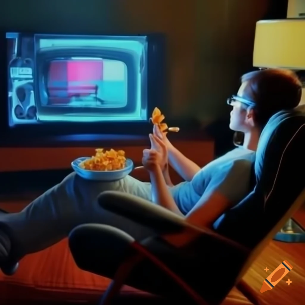 Person in armchair watching high-tech TV with bowl of potato chips on ...