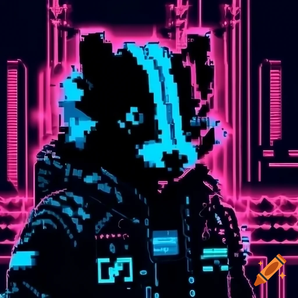 Close up of pixel art skunk in led jacket in neon dystopian city, 1980s ...