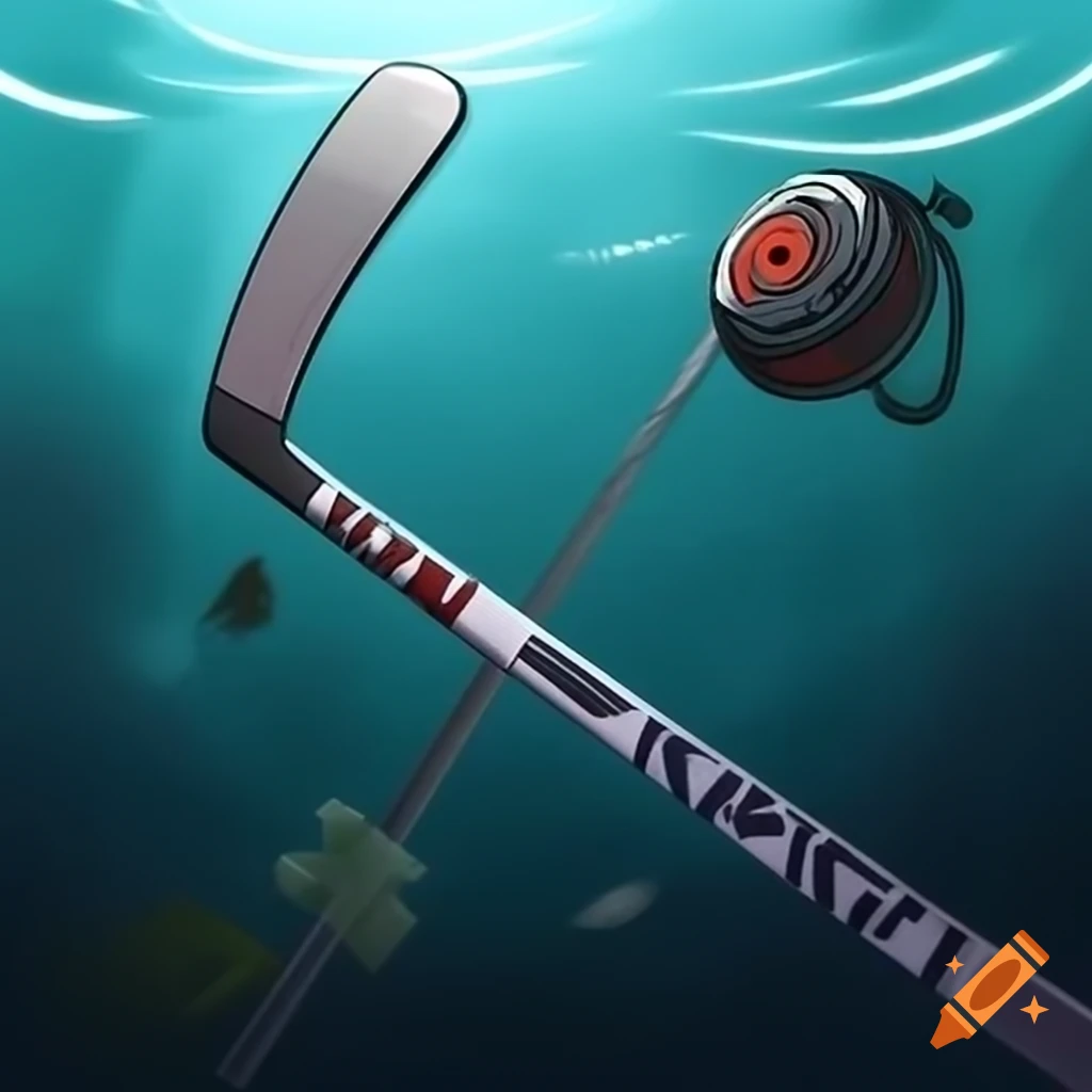 Hockey stick with fishing reel and fish in the background on Craiyon