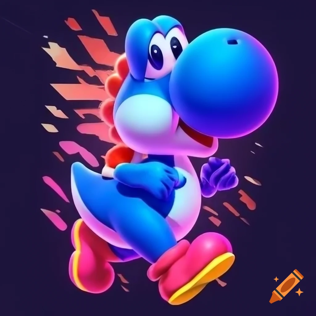 Vibrant neon-blue Yoshi laughing in Super Mario World style on Craiyon