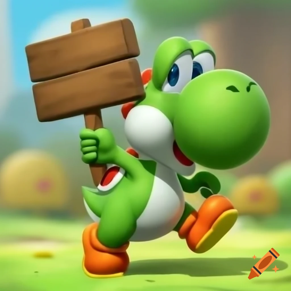 Friendly Yoshi holding a wooden sign, ready to convey a message on Craiyon