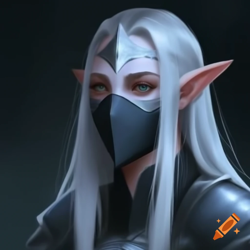 Female Elven cleric with long white hair wearing a silver mask on Craiyon