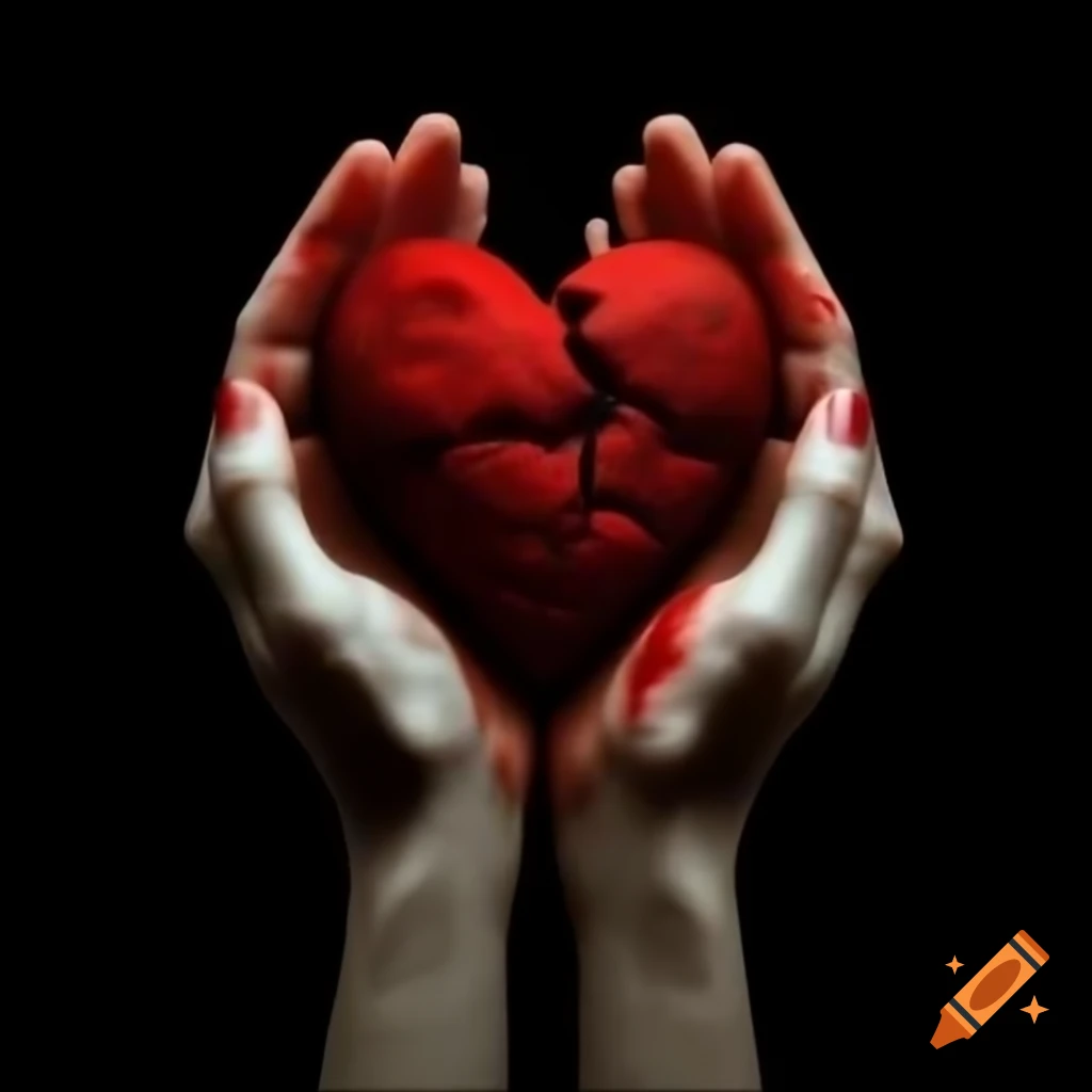 Realistic broken heart held in cupped hands with gold and red tones on ...