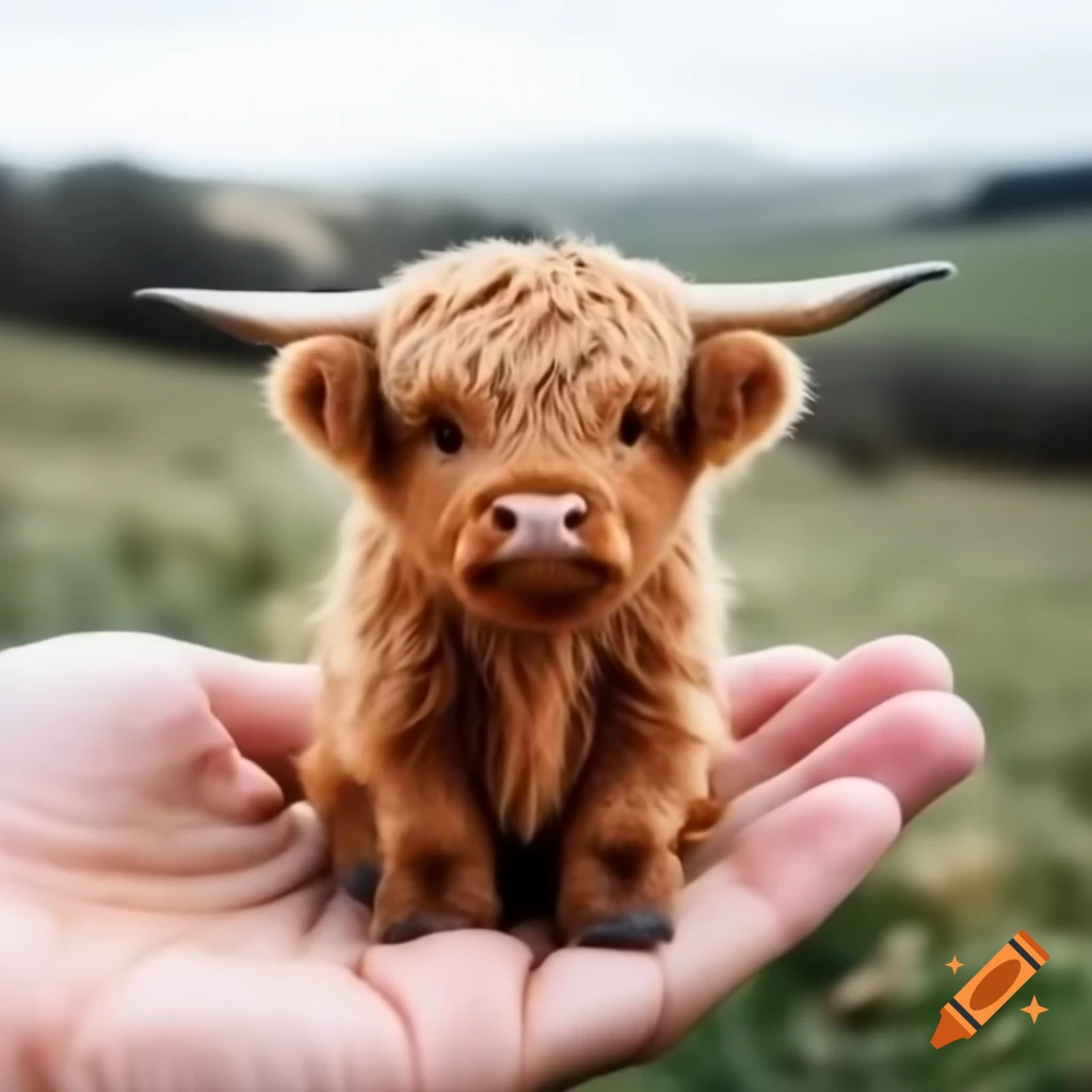 Tiny realistic Highland cow with shaggy fur and curved horns in hand on ...