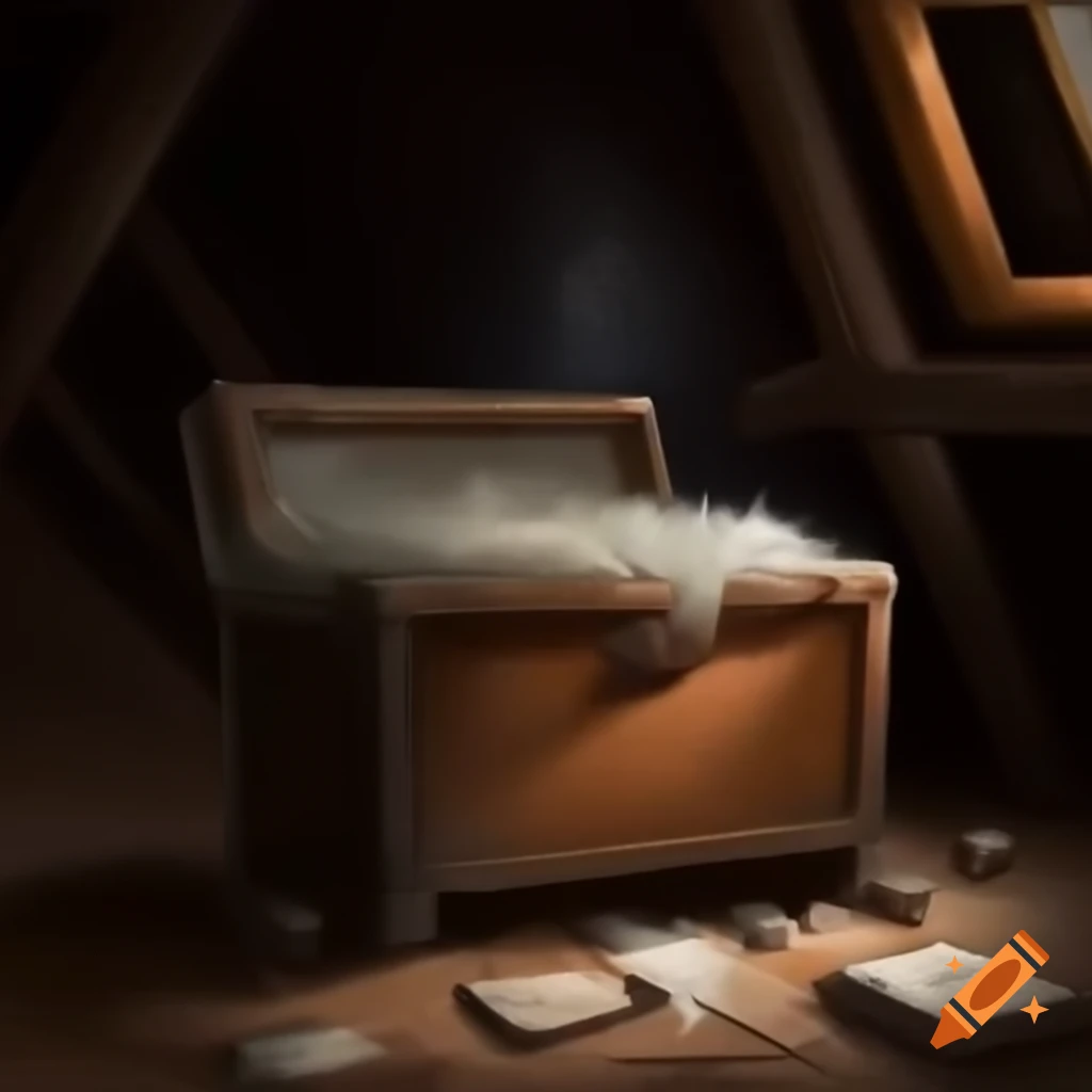 Dusty mystery chest opening in dimly lit cobweb-filled attic on Craiyon