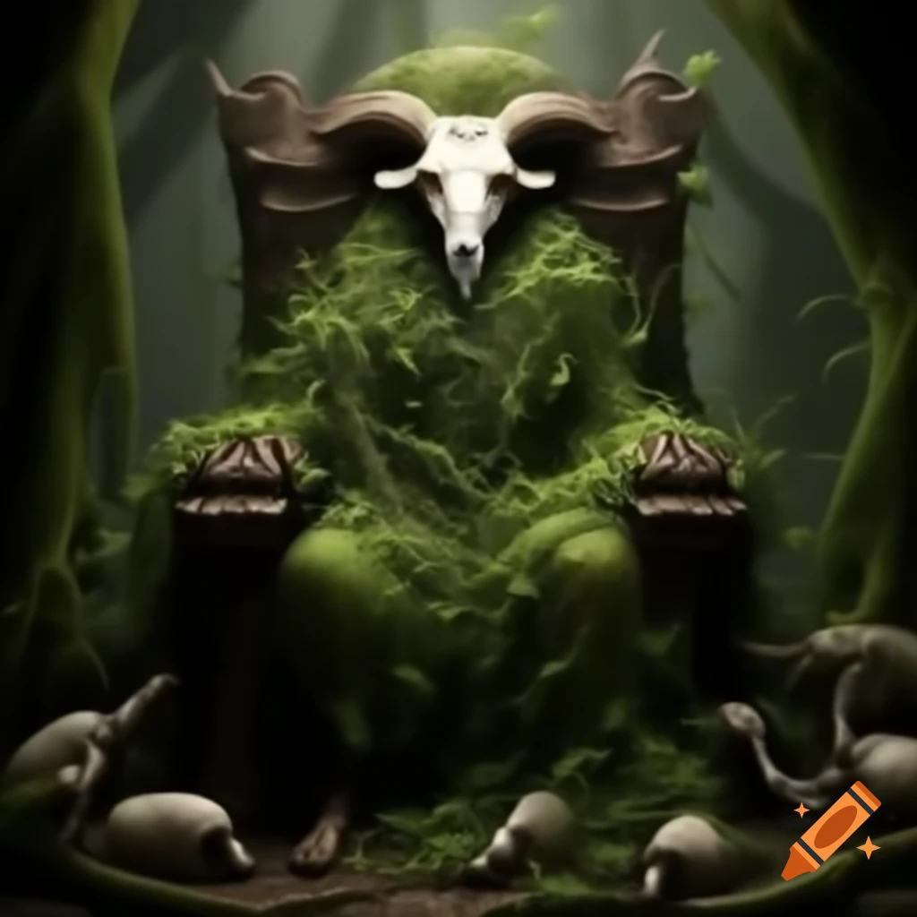 Giant skeleton with sheep's head on wooden throne in dark forest with ...