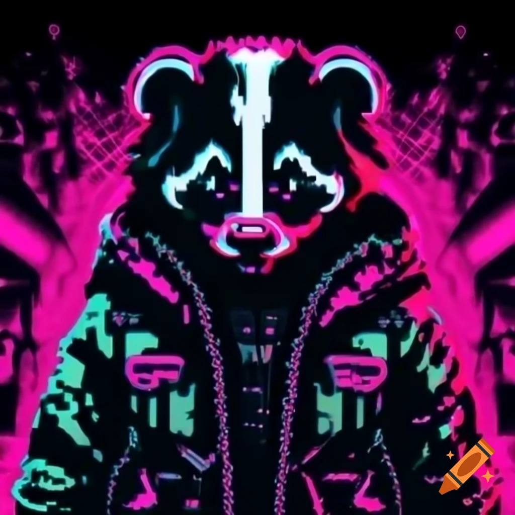 Close-up pixel art of skunk in high-tech jacket with leds in neon ...