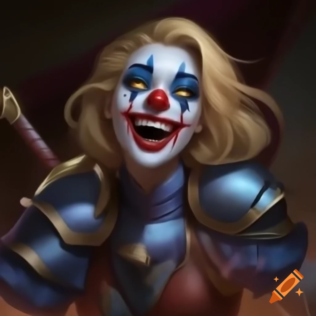 Female warrior with clown makeup and sword, laughing, wearing armor on ...