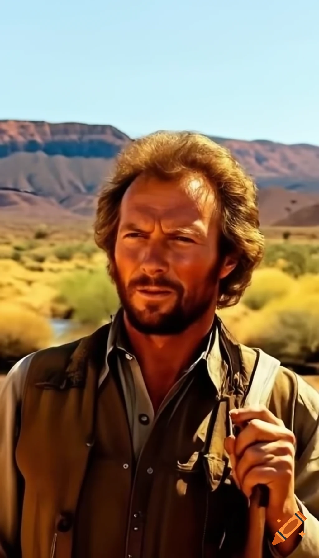 Man with beard chewing grass in ranch scenery with desert backdrop on ...
