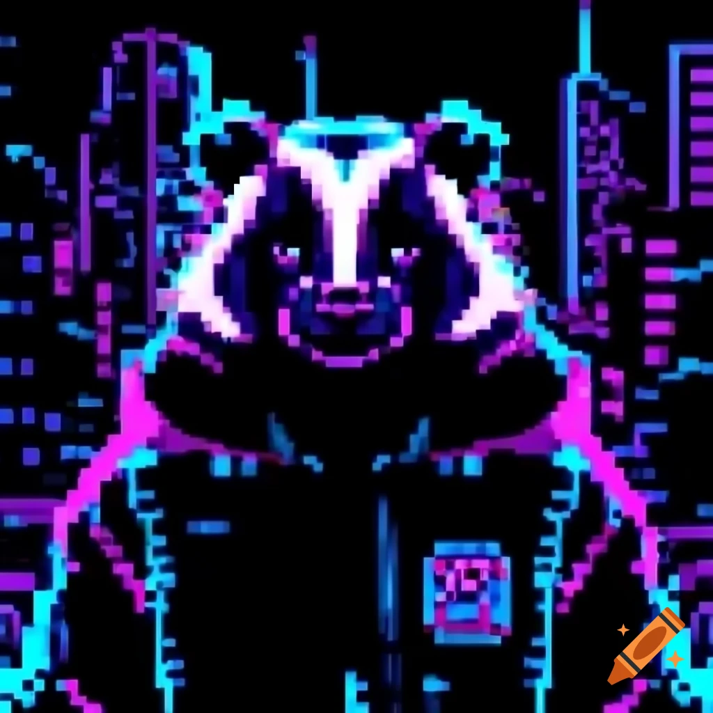 Close up of pixel art skunk in high-tech jacket with leds in a neon ...