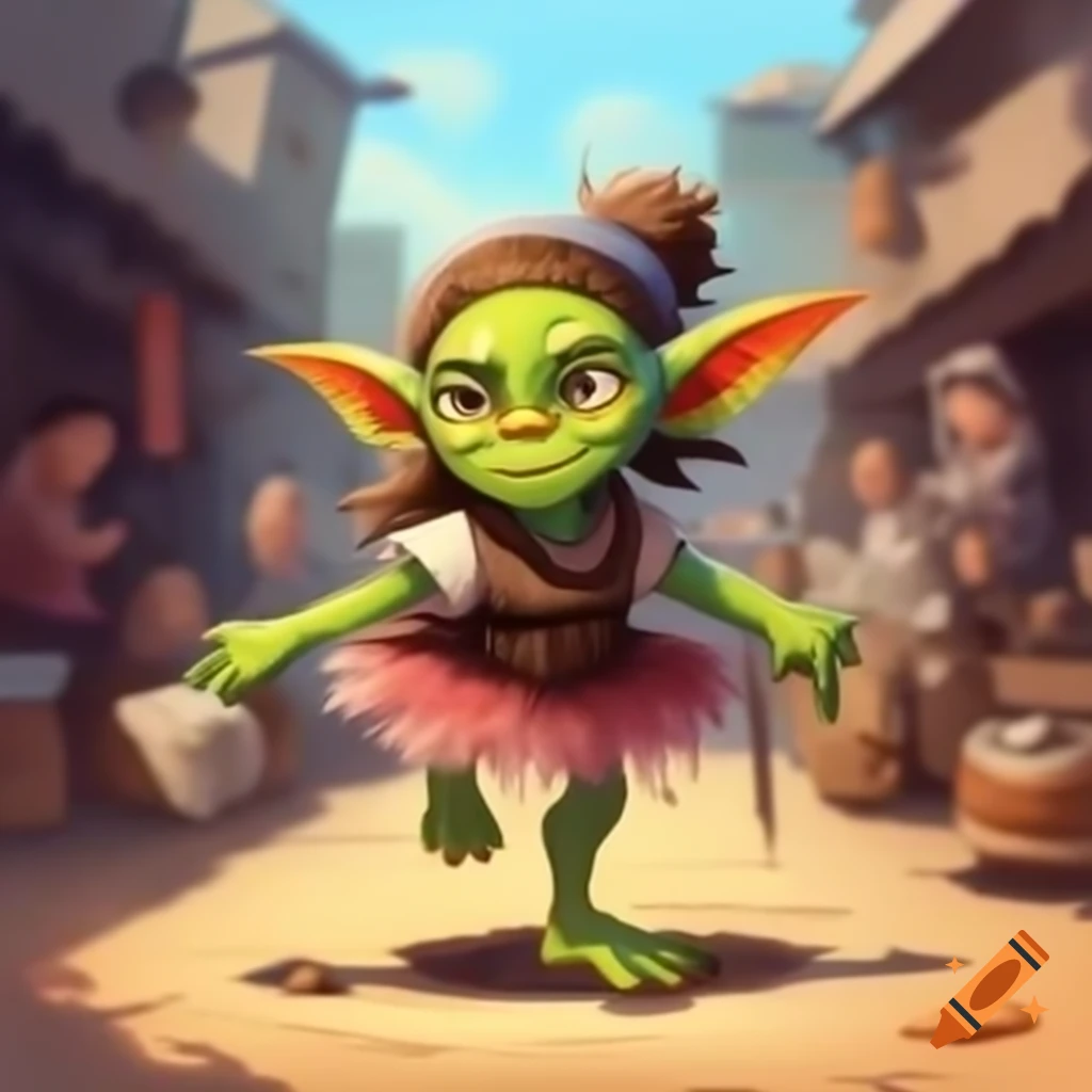 Goblin girl in ballet tutu dancing barefoot in bustling marketplace on ...