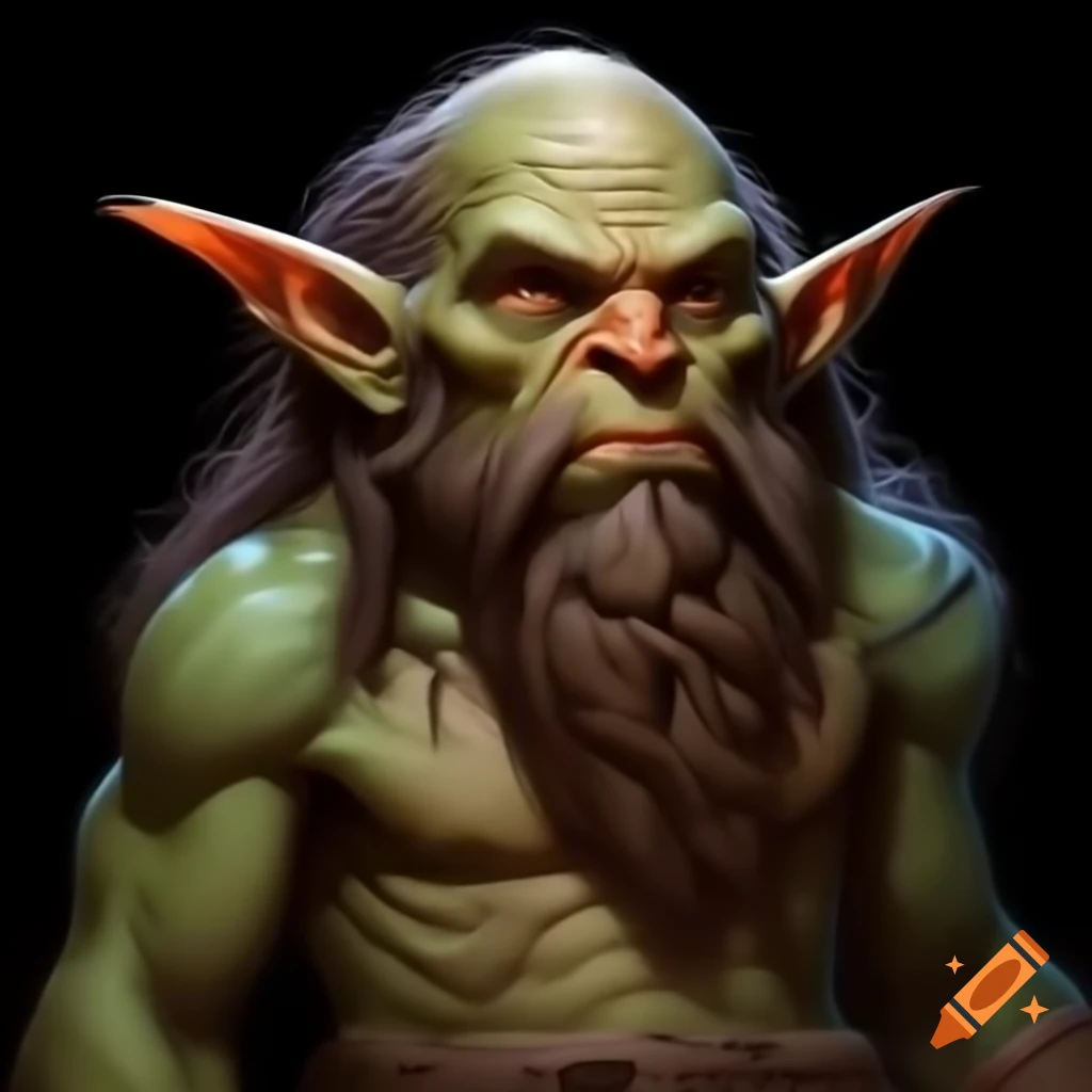 Balding goblin with long hair and beard, adorned with tattoo sleeves on ...