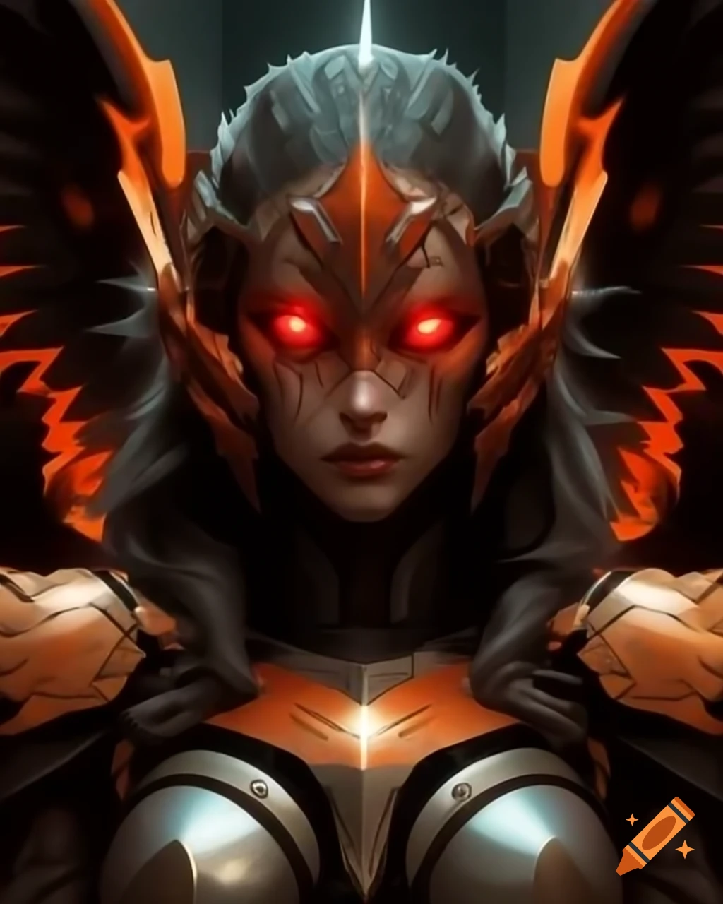 Female fallen angel superhero with glowing red eyes and orange silver ...
