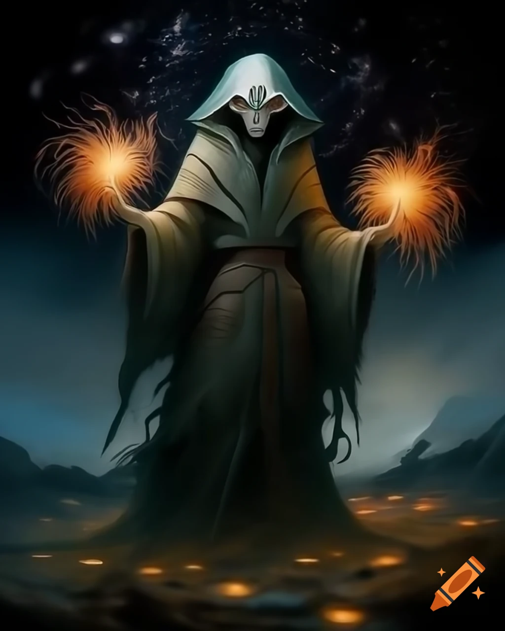 Spectral entity with fireworks in an ethereal dark fantasy landscape on ...