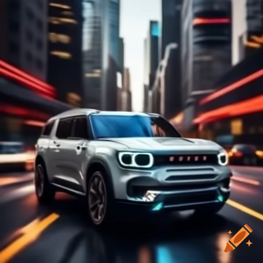 Self-driving two-seater car gliding through dynamic cityscape on Craiyon