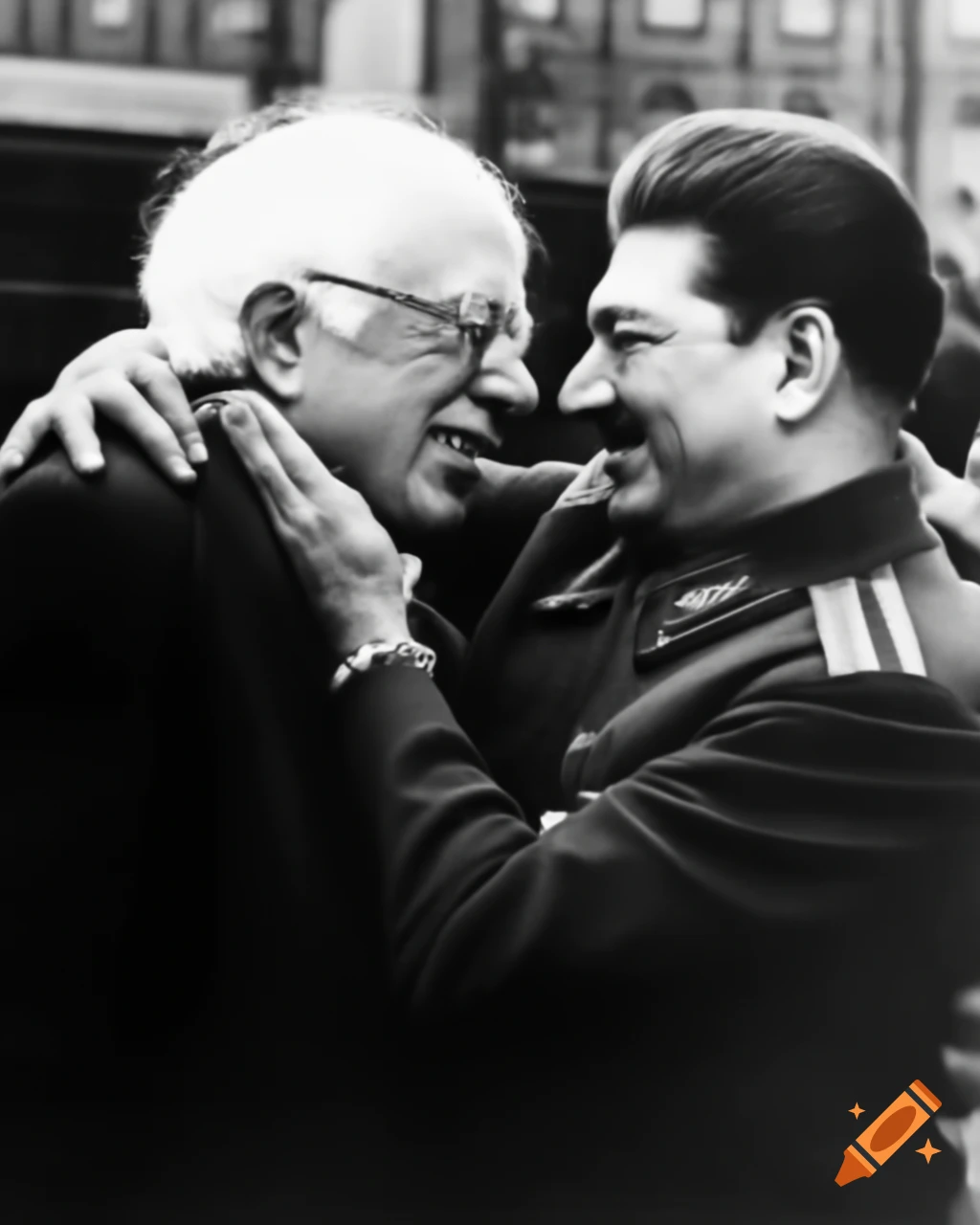 Bernie Sanders and Joseph Stalin holding hands and smiling in Soviet ...