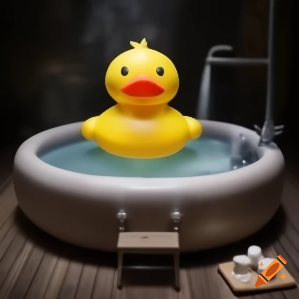 Rubber duck designed as a badass floating in inflatable Jacuzzi on Craiyon