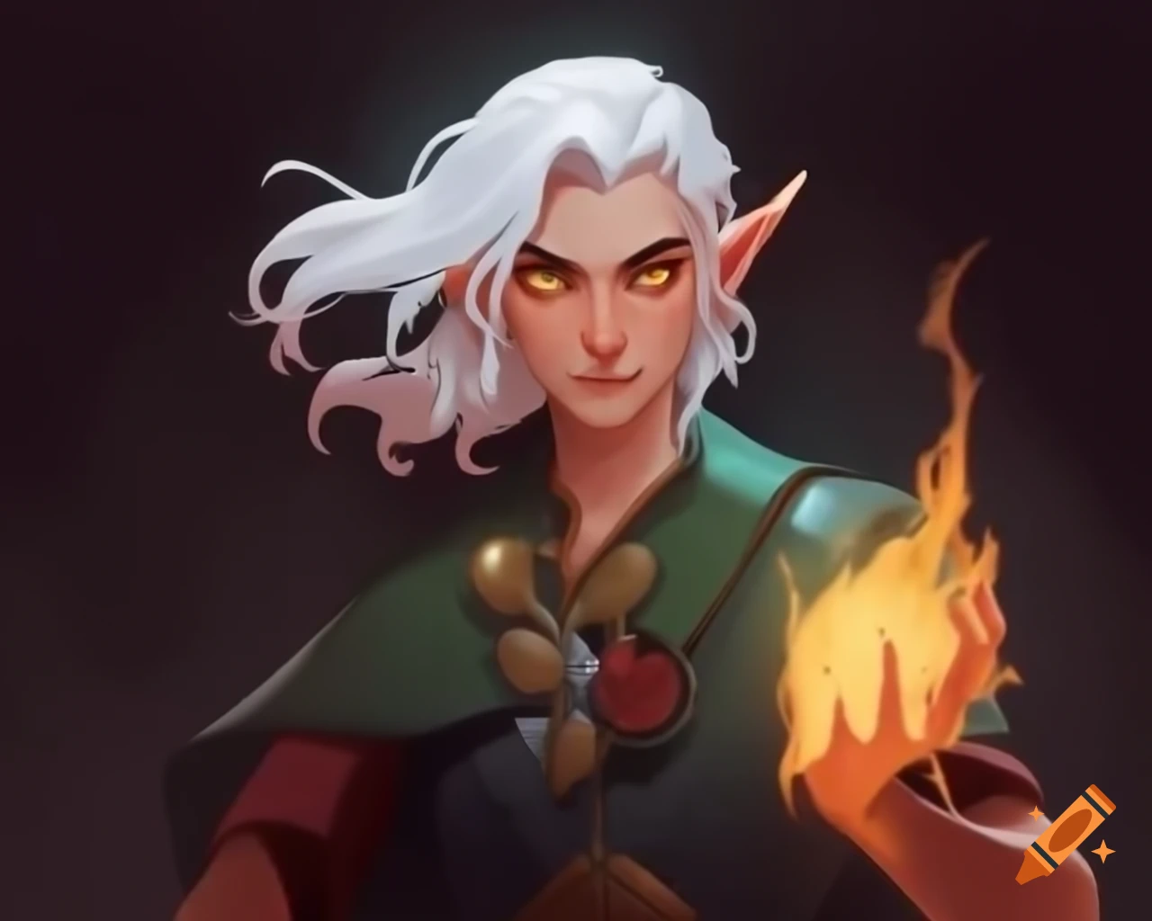 Half-elf man with white hair casting spells, eyes glowing with magic ...