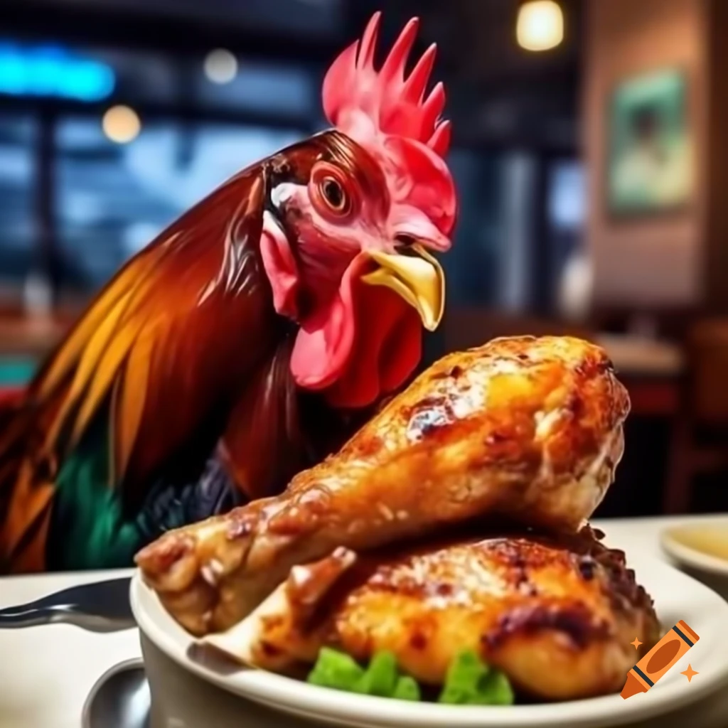 Rooster eating grilled chicken leg in restaurant setting on Craiyon
