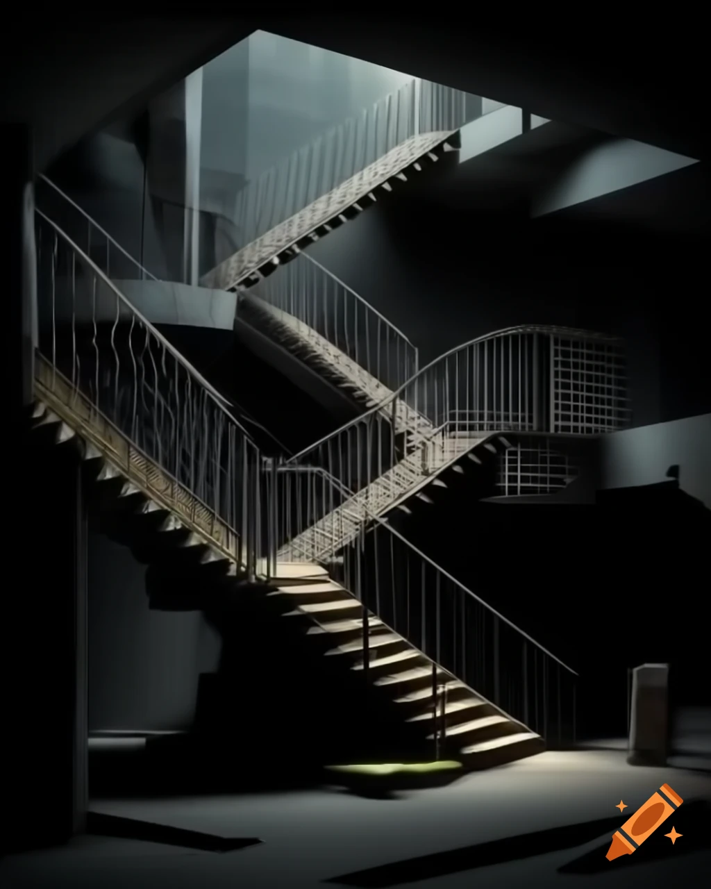 Brutalist architectural design with dark staircases against a void on ...