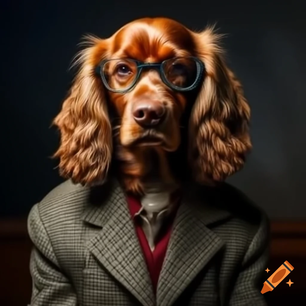 Irish setter in tweed jacket and glasses, standing proudly on Craiyon