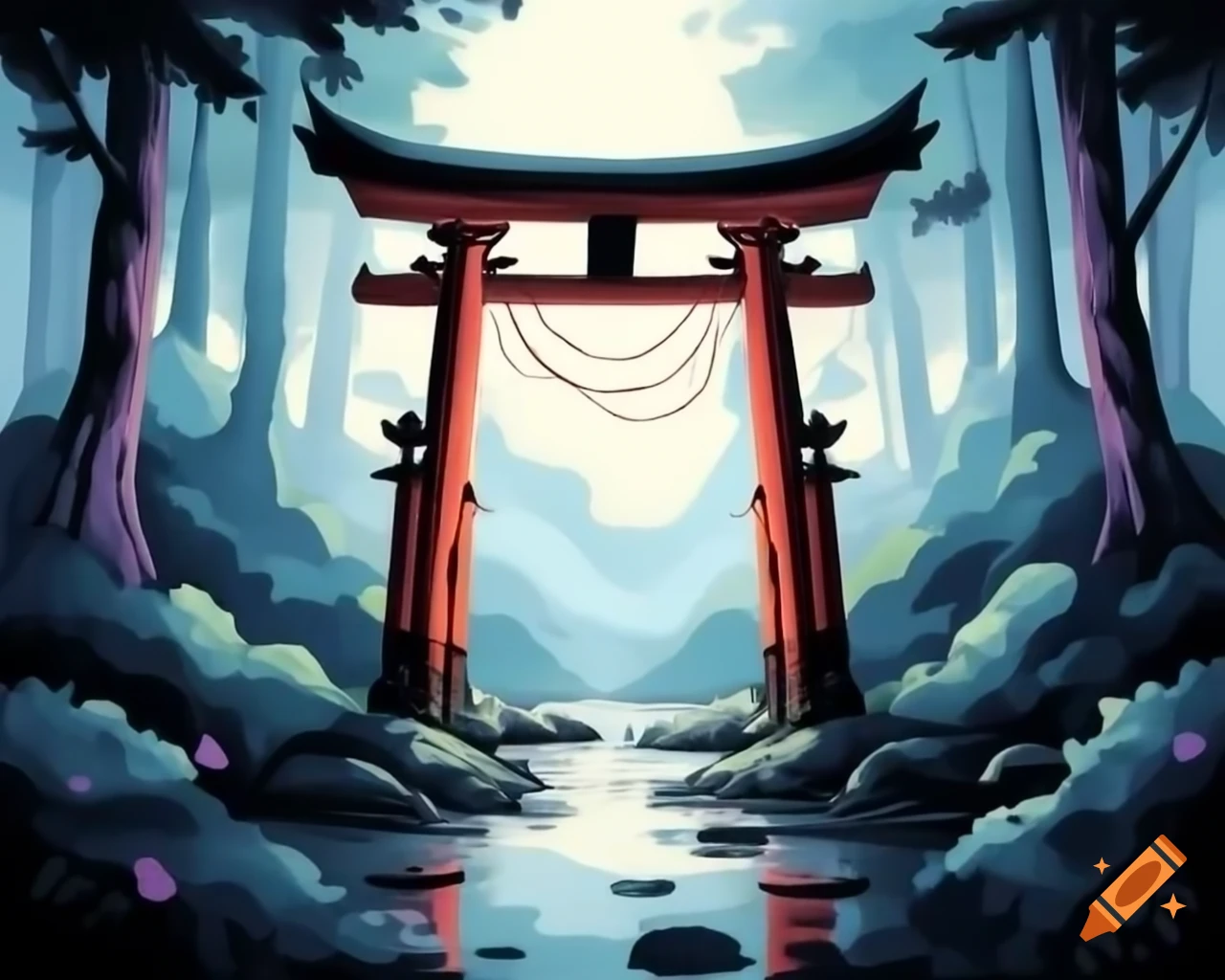 Slightly askew torii gate in a mystical dimly lit forest on Craiyon