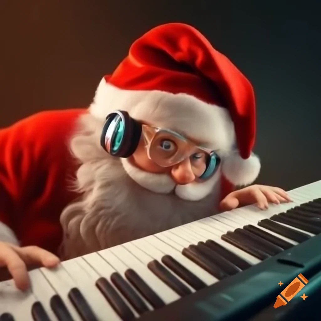 Funny Santa wearing headphones playing MIDI keyboard next to laptop on ...