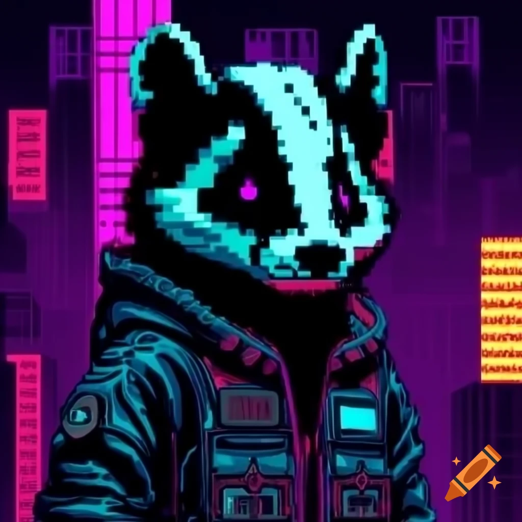 Pixel retro art of skunk in high-tech jacket in neon dystopian city on ...